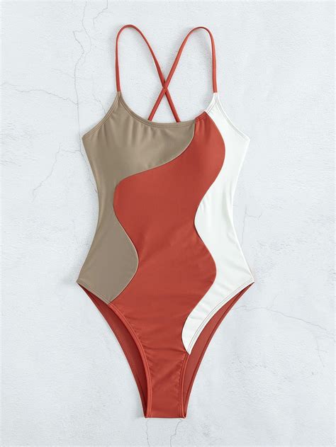 Color Block Lace Up Back High Cut One Piece Swimsuit Unique Swimwear
