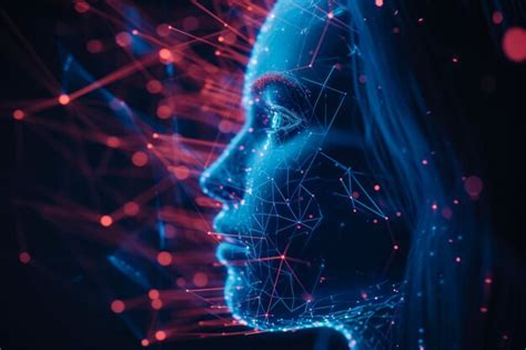 Artificial intelligence AI head with neural network brain hanging over virtual digital podium ...