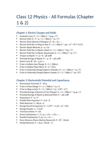 Class12physicsch1ch2formulas Pdf