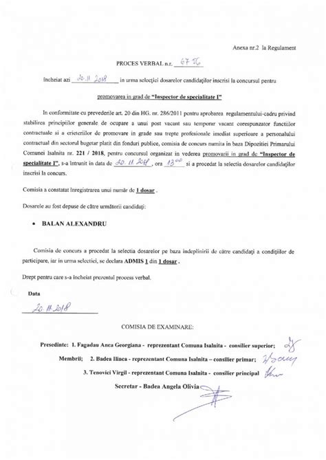 Proces Verbal In Urma Selectiei Dosarelor Candidatilor Inscrisi La