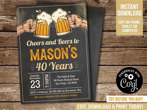 Editable Cheers And Beers To 40 Years Birthday Invitation Vintage Beer