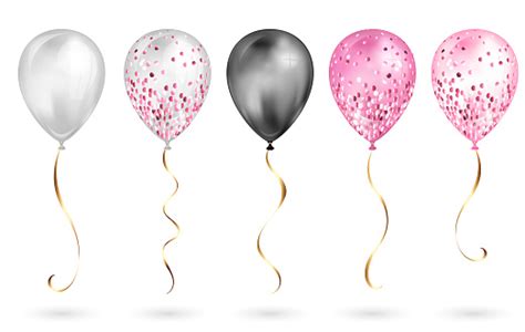 디자인에 대 한 5 빛나는 검은 색과 분홍색 현실적인 3d 헬륨 풍선의 집합입니다 반짝이 골드 리본 광택 풍선 생일 파티 브로셔 초대장 카드 또는 베이비 샤워를 위한 완벽
