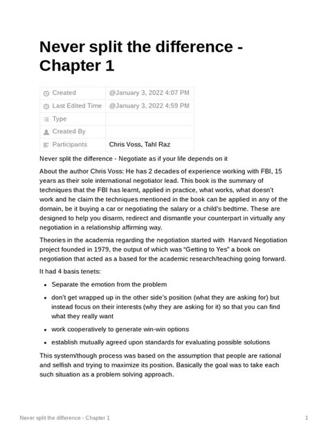 Never Split The Difference Chapter 1 Summary Pdf Negotiation