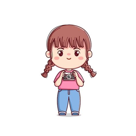 Premium Vector Cute Photographer Girl Kawaii Chibi Character Holding Camera