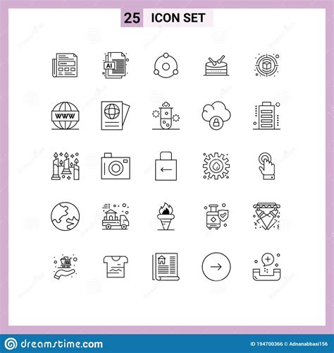 Mobile Interface Line Set Of 25 Pictograms Of Engine Design Coin Creative Celebration Stock