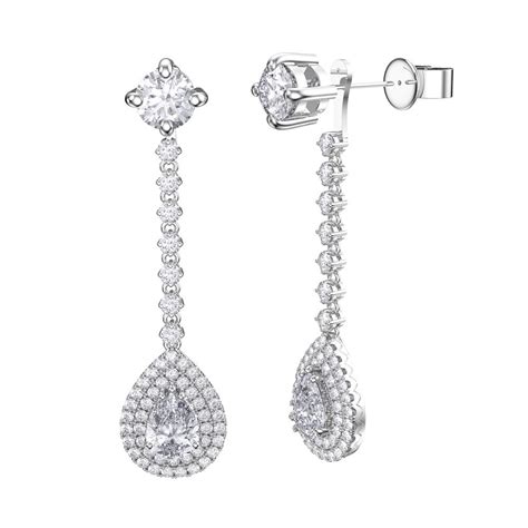 Fusion Moissanite Pear Halo 18k White Gold Stud Drop Earrings Setjian