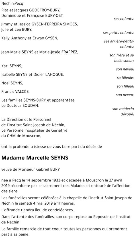 Avis De Décès De Marcelle Seyns Décédé Le 27042019 à Mouscron Annonce Condoléances Fleurs