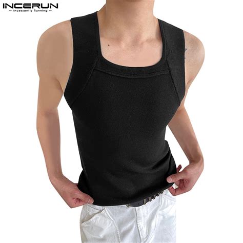 Incerun Men Korean Tight Fitting Sleeveless Square Neck Knitted Tanks