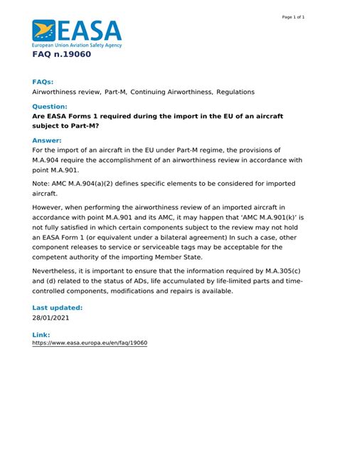 Easa Are Easa Forms 1 Required During The Import In The Eu Of An