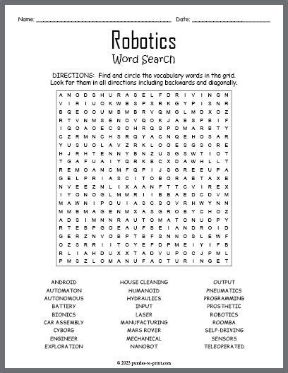 Free Printable Robotics Word Search Puzzle
