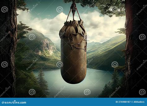 Punching Bag Dangled From Tree Branch With View Of Scenic Forest Stock