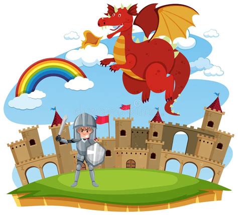 Knights Fight With Dragon At The Castle Stock Vector Illustration Of