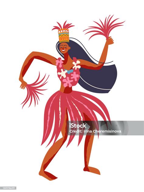 하와이 알로하 전통 의상을 입고 춤을 추는 여성 열대 여름 활동 요소 하와이 해변 빈티지 여행 포스터 벡터 일러스트레이션 흰색 배경에 어린 소녀 댄서 고풍스런에 대한 스톡