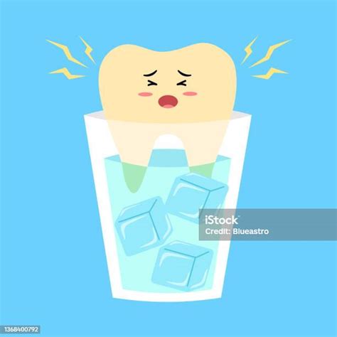 평평한 디자인의 얼음과 차가운 물이있는 민감한 치아 만화 캐릭터 치아 감도 증상 개념 마실 것에 대한 스톡 벡터 아트 및 기타