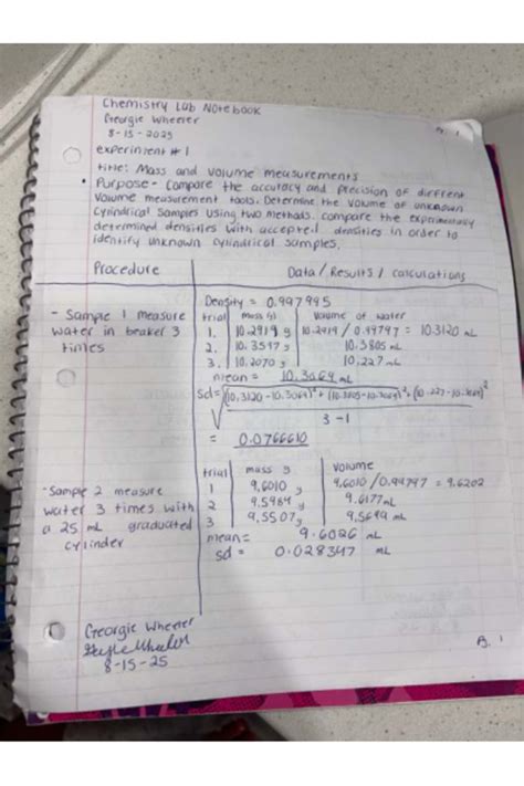 Chemistry Lab Notebook Mass And Volume Measurement Accuracy Ps 1