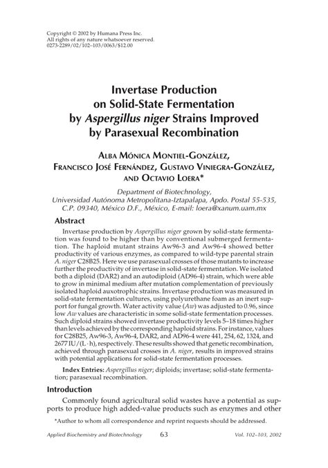 Pdf Invertase Production On Solid State Fermentation By Aspergillus