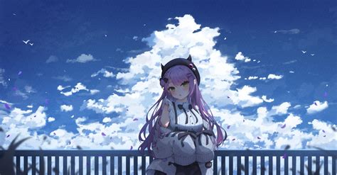 Обои симпатичная девушка из аниме фиолетовые волосы облака забор румяна от Axebourne картинки