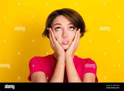 Photo Of Dreamy Funny Woman Dressed Pink T Shirt Lips Pouted Arms