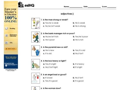 Esl Adjectives Multiple Choice Worksheet Worksheet For 4th 6th Grade