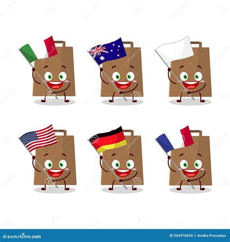 Papper Bag Cartoon Character Bring The Flags Of Various Countries Stock