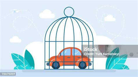 자물쇠 감금소 안쪽에 차 빚 개인 자동차 벌금 체포 동산 대출의 개념 새장에 자동 플랫 스타일의 트렌디 한 일러스트 경기 침체에