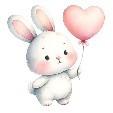 Ai Generated Bunny Hold Heart Balloon Watercolor Illustration Ai