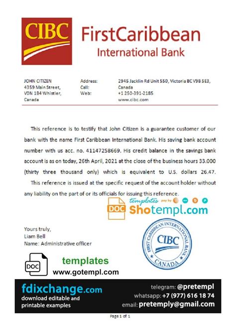 Download Canada Cibc Bank Account Balance Reference Letter Template