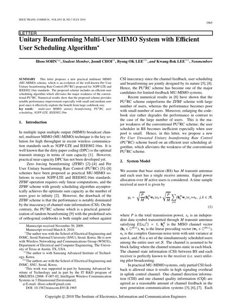pdf unitary beamforming multi user mimo system with efficient user
