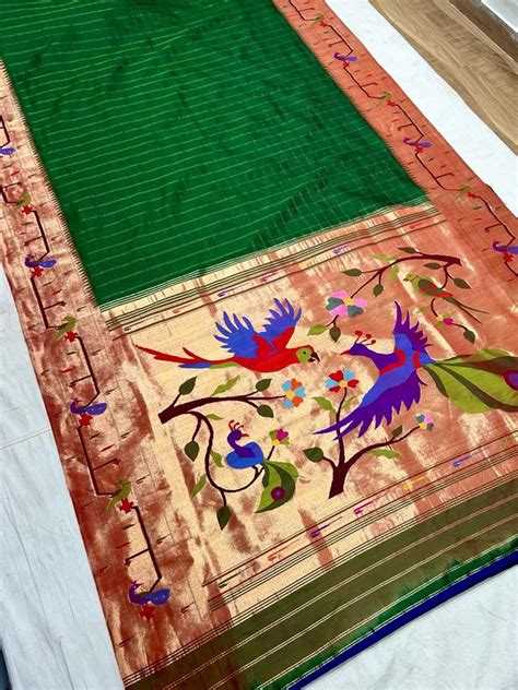 Paithani Pure Silk Checks Saree With Peacock Border The Morani Fashion
