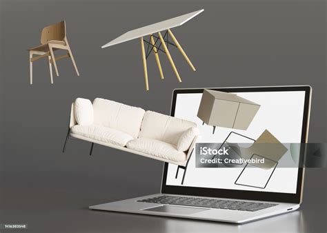 비행 가구가있는 노트북 온라인 쇼핑 가구 가게 인테리어 세부 사항 가구 판매 또는 인테리어 프로젝트 개념 인터넷을 통해 소파 테이블 의자 Commode를 구입하십시오 전자