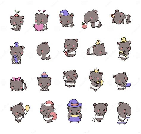 Set Of Adorable Tapir Cute Kawaii Cartoon Animal Stock Vector