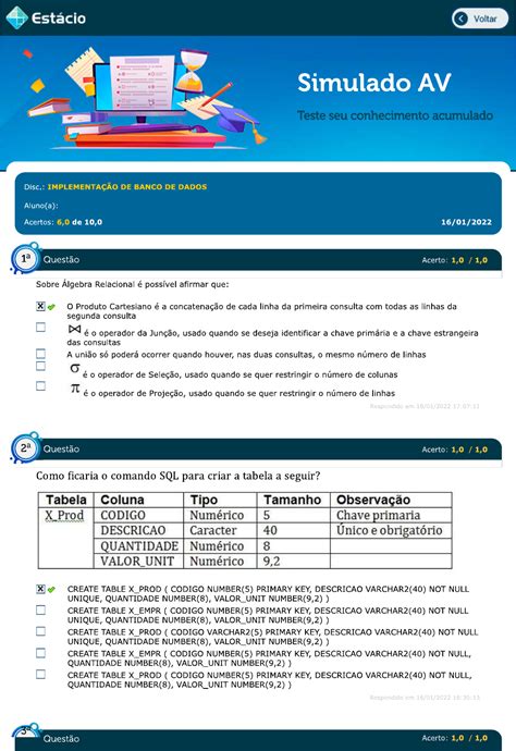 Simulado ImplementaÇÃo De Banco De Dados Implementação De Banco De Dados