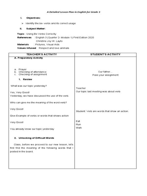 A Detailed Lesson Plan In English For Grade 3 Pdf Subject Grammar