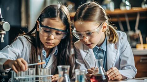 Two Girls Doing Science Experiments In A Lab Selective Focus Premium