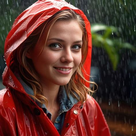 Premium Photo Smiling Woman Wearing Raincoat In Rain