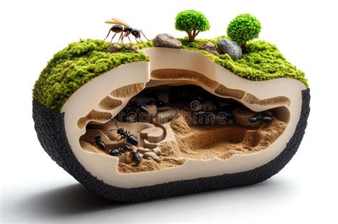 Cross Section Of An Ant Colony Showing Detailed Underground Tunnels Active Ants And Surface