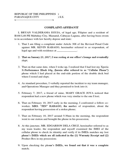 Complaint Affidavit Theft Crimes