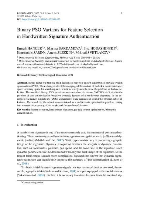 Pdf Binary Pso Variants For Feature Selection In Handwritten