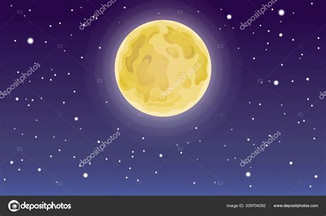 在漆黑的星空上卡通满月。星空和月亮之夜的背景。明亮的月亮美丽的天空和星星。月亮和星星在午夜的天空的插图。夜空风景背景 — 图库照片©