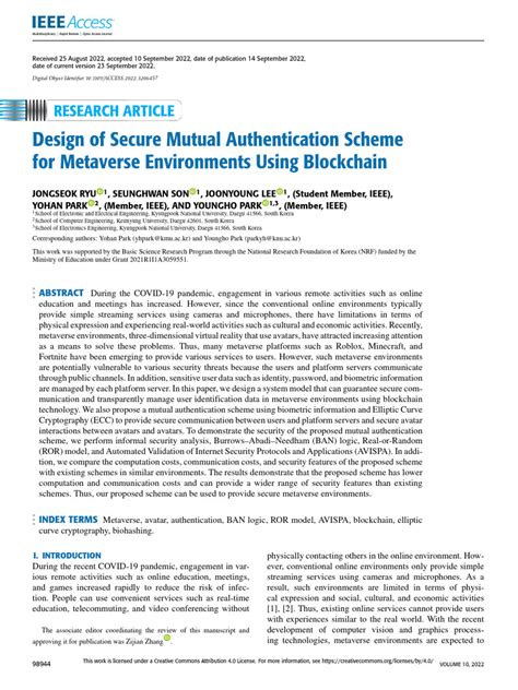 Design Of Secure Mutual Authentication Scheme For Metaverse Environments Using Blockchain Pdf