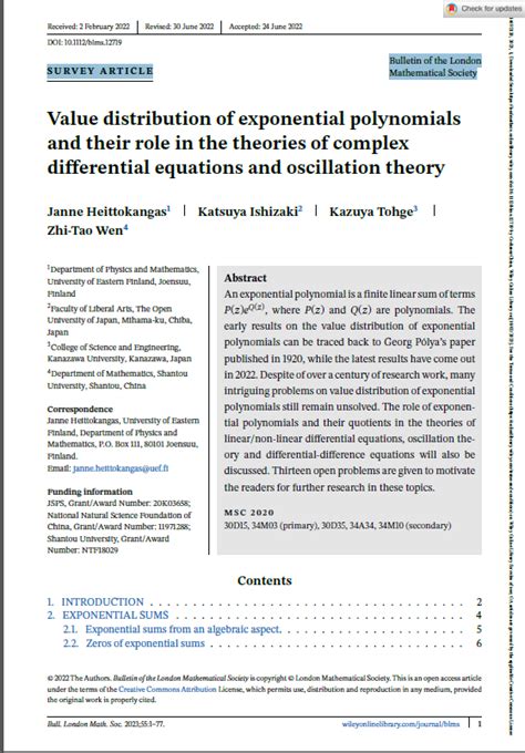 我系温智涛老师在伦敦数学会公报上发表关于指数多项式值分布理论的综述长文 汕头大学数学系