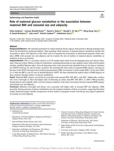 Role Of Maternal Glucose Metabolism In The Association Between Maternal