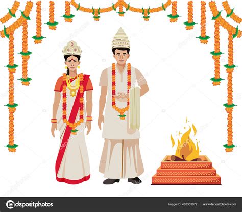 Wedding Bengali Couple Traditional Dress Hawan Vector Illustration