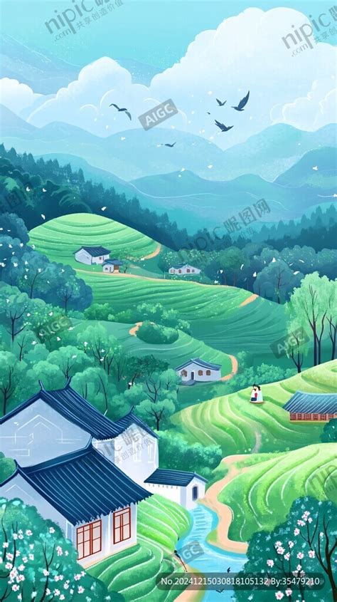 Ai创作图茶园风光插画 山水茶园插画 茶园风景插画 春茶插画 茶园茶庄插画 茶园采茶插画 茶园插画茶包装插画 茶园插画 手绘茶园插画 采茶插画 茶田插画 茶旅节插画 春茶新茶宣传插画 田园茶叶