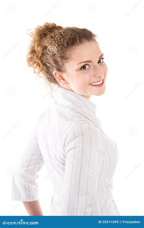 Mujer Joven Sonriente Mujer Aislada En El Fondo Blanco Imagen De Archivo Imagen De Mirada