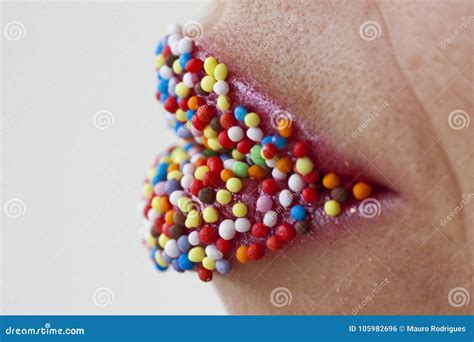 Colorful Candy On Red Lips Stock Photo Image Of Girl