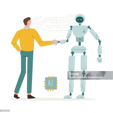 Ai 로봇 인간과의 악수 미래 지향적 인 인공 지능 기술 개념 디지털 기술 로봇 혁신 플랫 손으로 그린 벡터 일러스트 레이 션 가공의 인물에 대한 스톡 벡터 아트 및 기타