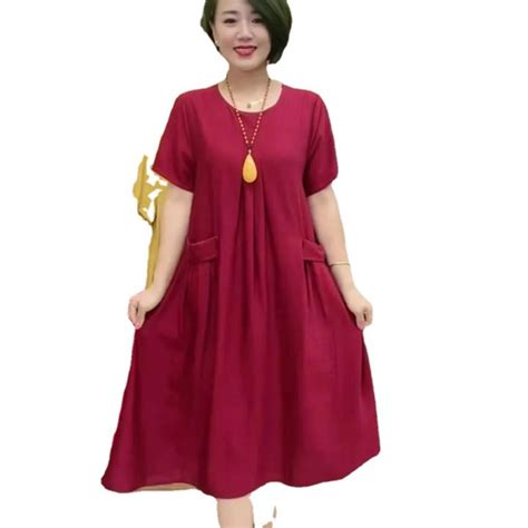 Fashion Women Ladies Summer Plus Size Loose Casual Round Collar Midi