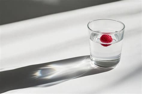 Minimalist Raspberry Water Glass Setup With A Single Raspberry Floating White Background