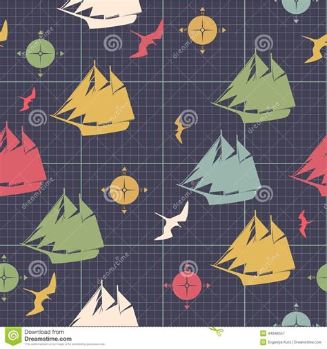 Pattern Ships Compasses Sea Bird Decorative Design On Graph Paper Stock Vector Illustration Of